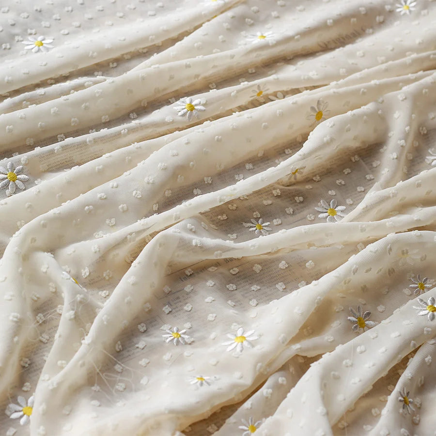 Embroidered Daisy Chiffon Fabric By the Yard -Longan Craft