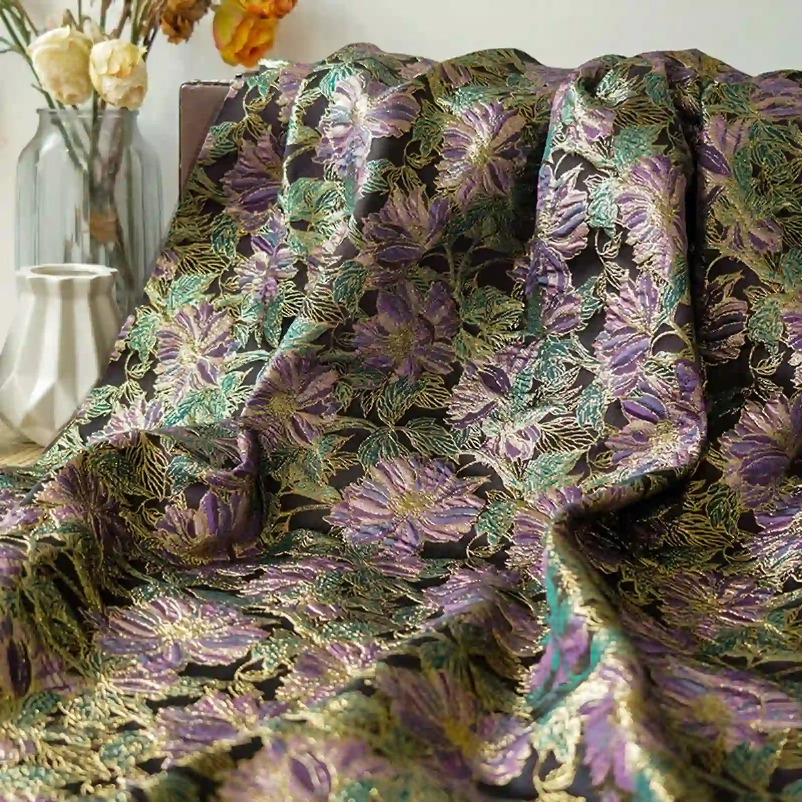 Vintage Floral Embroidered Brocade Fabric By The Yard