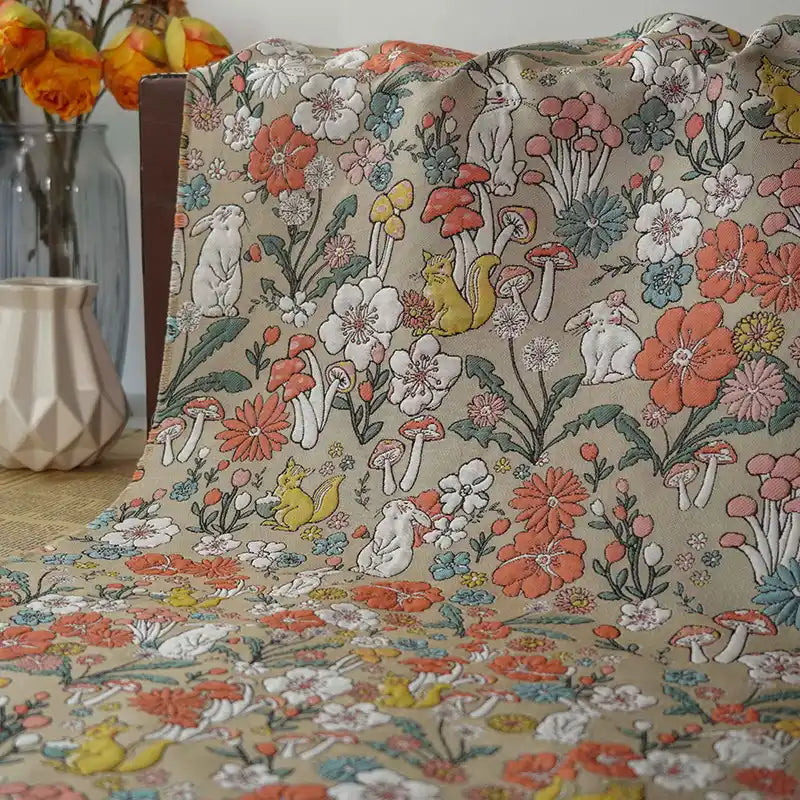 Vintage Mushroom Rabbit Brocade Fabric By The Yard